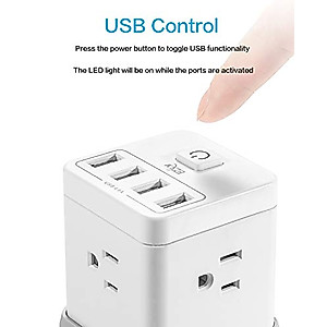 KMC Surge Protector Power Strip, Cube Portable Power Outlet with 4 USB Ports 4.8A and Switch Control, 5-Foot Extension Cord and Detachable Base, Ultra-Compact for Travel and Office