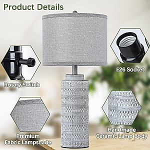 Set of 2 Ceramic Table Lamps, Modern 25.5”Tall Bedside Lamps with Grey Fabric Shade, Farmhouse Desk Lamps with Rotary Switch, Vintage Nightstand Lamps for Bedroom Living Room Home Office Study Hotel