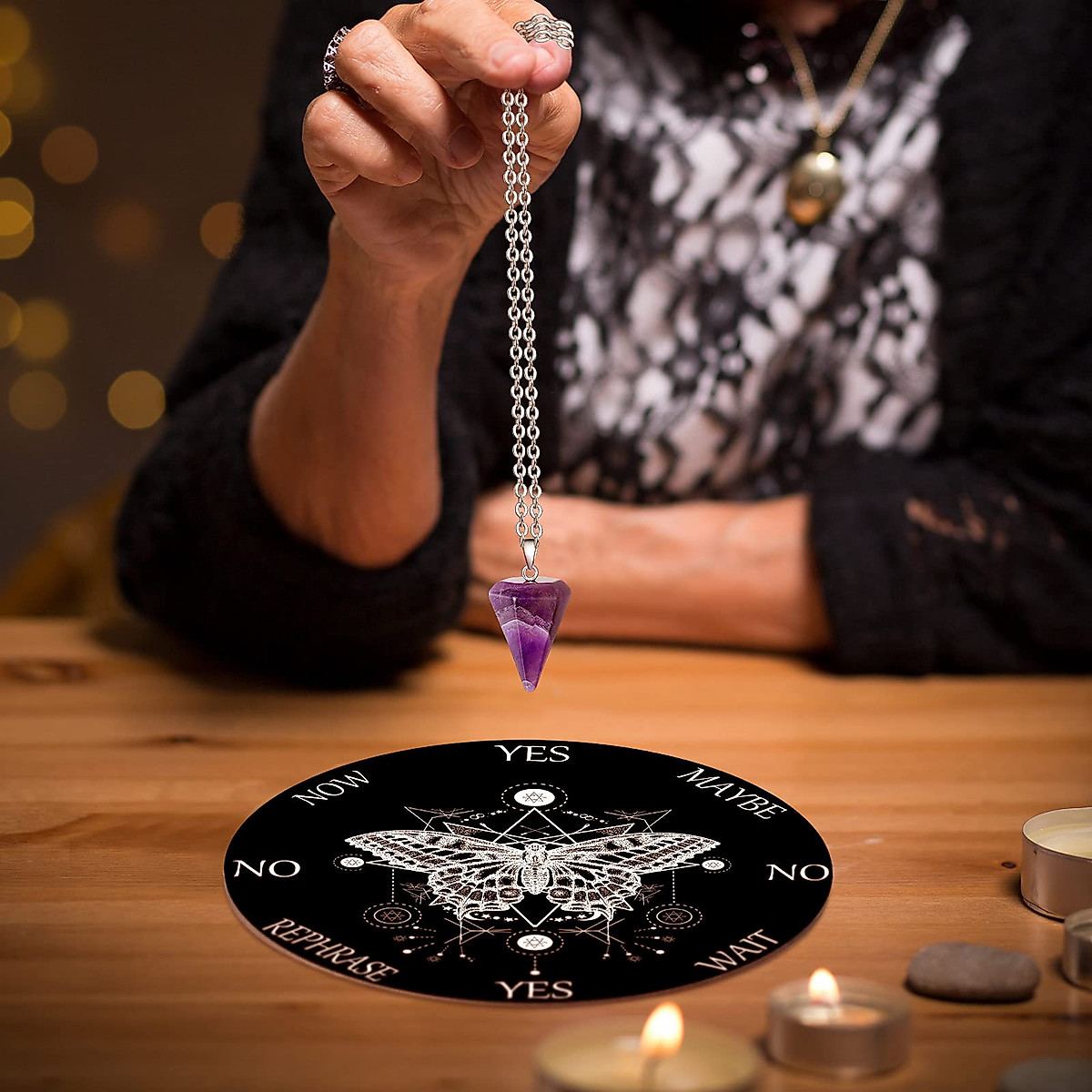 Blulu Butterfly Pendulum Board Dowsing Necklace Divination Altar Witchcraft Wooden Kit Chart Wiccan Wand Crystal Divinity Metaphysical Message Quartz Chakra Healing Stone(Black)