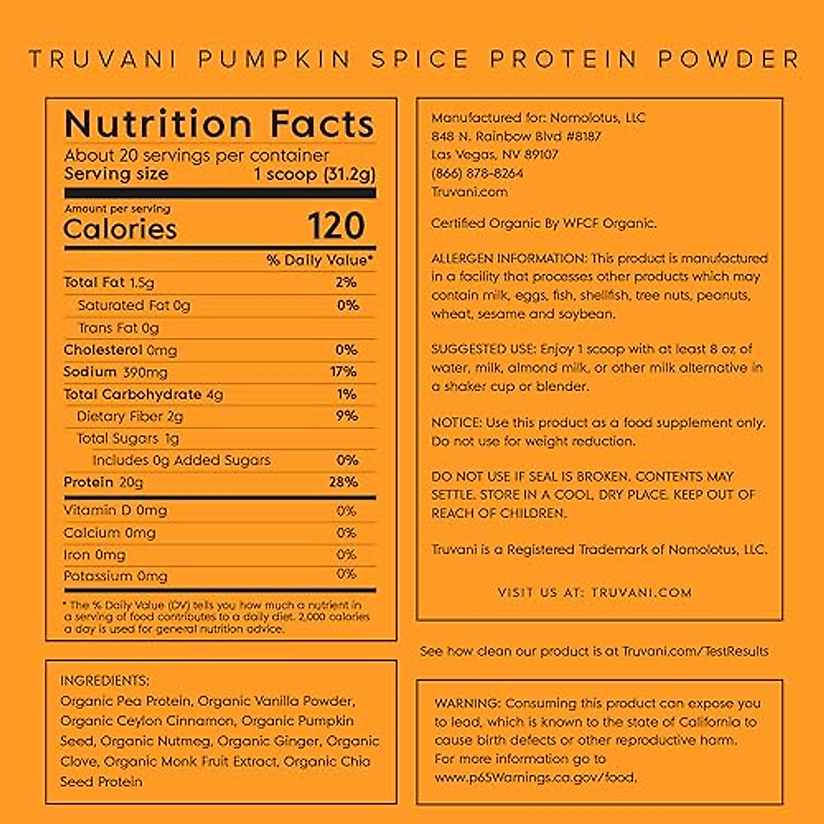 Truvani Vegan Pea Protein Powder | Pumpkin Spice | 20g Organic Plant Based Protein | 20 Servings | Keto | Gluten & Dairy Free | Low Carb | No Added Sugar