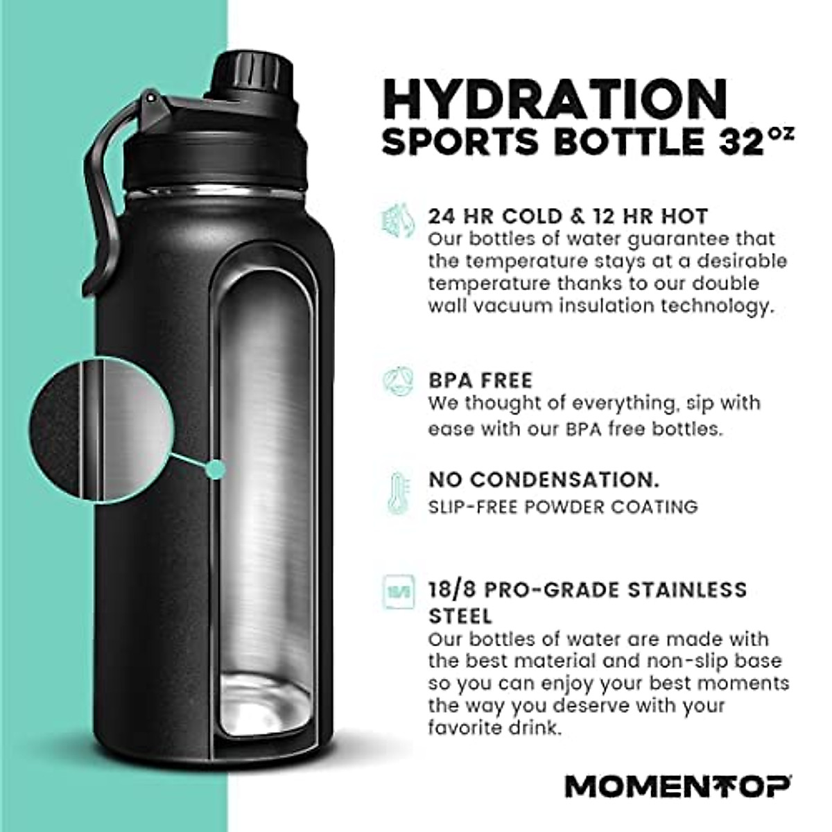 MOMENTOP Hydration Bottle with 2 Lids. (22 oz, 32 oz and 40 oz) (22 oz, White)