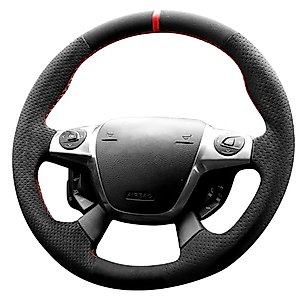Alfanxi Hand Stitch Alcantara Steering Wheel Cover Compatible with Ford Focus 3 ST C-Max Energi Hybrid Kuga 2012-2016 (Red Stripe)