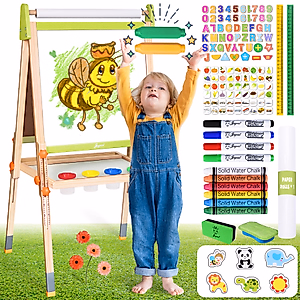 Joyooss Art Easel for Kids, Double-Sided Magnetic Easel for Children with Whiteboard & Chalkboard, Deluxe Standing Easel for Toddler with Paper Roll & Painting Accessories Painting Station for Kids