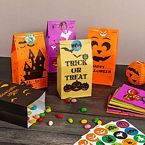 Halloween Treats Bags Party Favors 80 Pcs Kids Halloween Candy Bags for Trick or Treating + 84 Pcs Halloween Stickers, Mini Paper Gift Bags for Treats Snacks, Halloween Goodie Bags Party Supplies