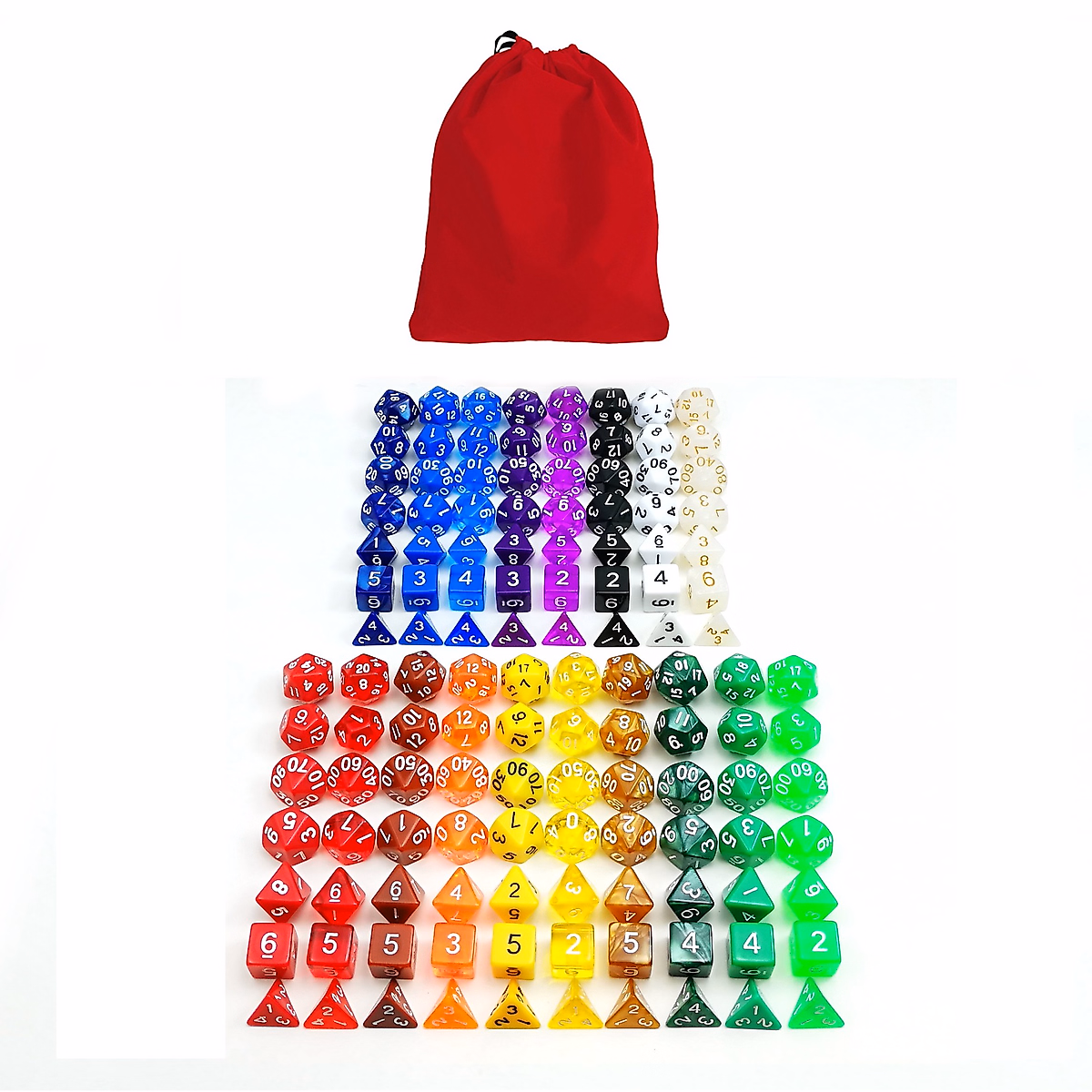 Bescon Multi-Colored RPG Dice Pack of 126 Polyhedral Dice 18 Complete Sets of 7 Dice 18 Red Velvet Bag Packaging