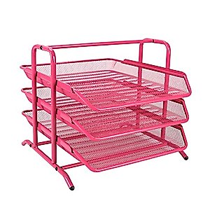 EasyPAG Desk Organizer Tray with 3 Sliding Trays for Letters Documents Mail Files Paper, Pink