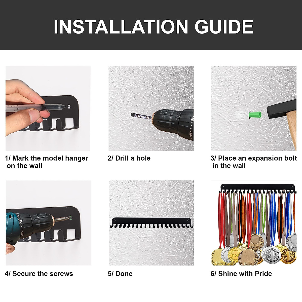 C CRYSTAL LEMON Medal Hanger Display Wall-Mounted Medal Holder Large Storage Capacity for More Than 50 Medals with 20pcs Hooks – Black Medal Frame Holder for Wall Décor