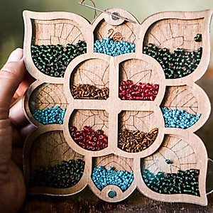 Lonjew Wood bead box with lid and needle magnet, flower bead supply storage, bead organizer tray, jewelry making gift, beadwork craft accessory
