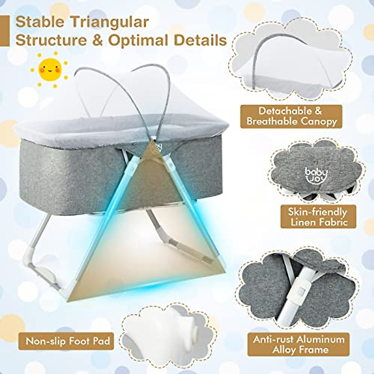 BABY JOY Bassinet, 2 in 1 Rocking Bassinet for Baby w/Detachable Curtain Cloth, Mattress, Breathable Mesh, Adjustable Height, Quick Folding Crib w/Travel Bag for Newborn Infants, Portable Bassinet