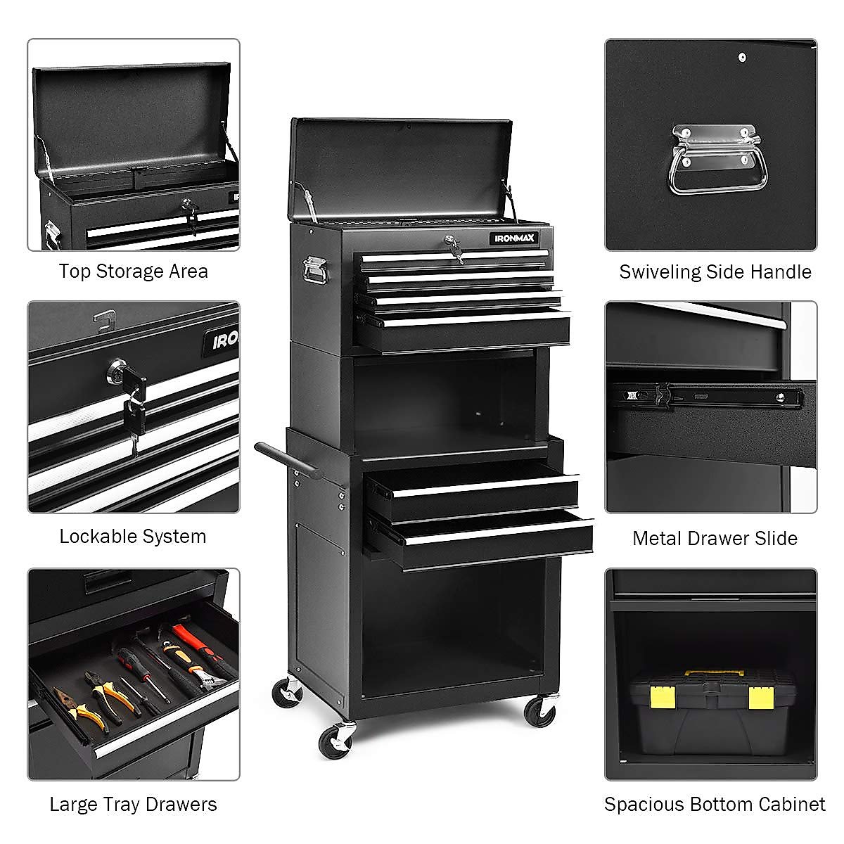 Goplus 6-Drawer Rolling Tool Chest, 3-in-1 Tool Box Organizer w/Auto Locking System & Lockable Wheels & Sliding Drawers & Detachable Top, Tool Storage Cabinet for Garage Workshop (Black)