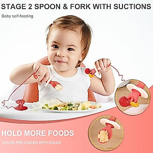 3 Pack Baby Fork and Spoon Set Suction Baby Self Feeding Utensils 6-12 Months Anti-Dropping Training Spoons For Baby Led Weaning, Silicone Toddler Utensils Feeding Supplies First + Second Stage, Red