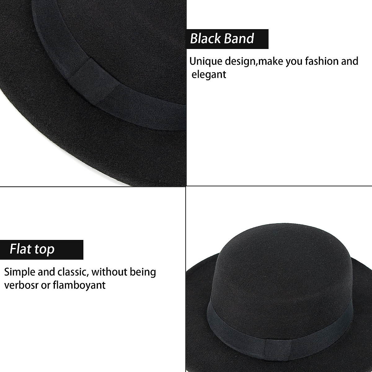 Classic Flat Top Fedora for Women - Mens Bowknot Porkpie Felt Boater Hat (Size: S-M) Black