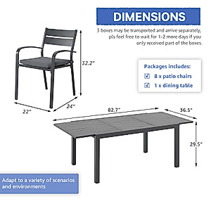 Soleil Jardin 9-Piece Outdoor Patio Dining Set, 59" - 83" Aluminum Expandable Outdoor Dining Table Set for 8, 8 Stackable Chairs with Gray Removable Cushions, Dark-Grey