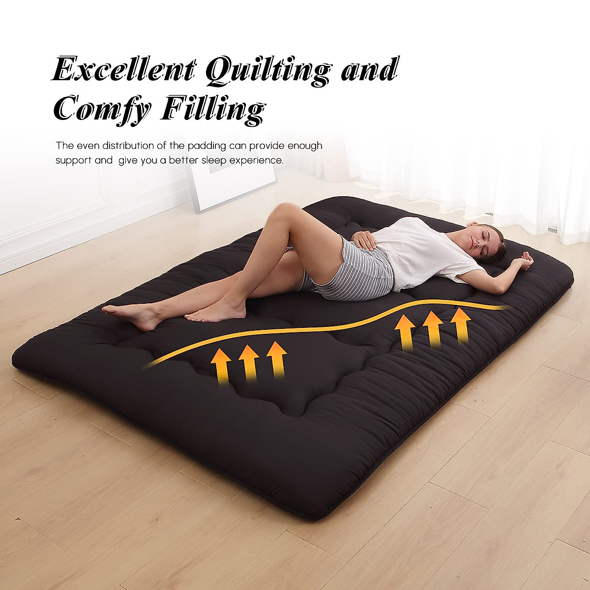 XICIKIN Japanese Floor Mattress, Japanese Futon Mattress Tatami Mat with Washable Cover, Easy to Store and Portable for Camping,(Black, Full)