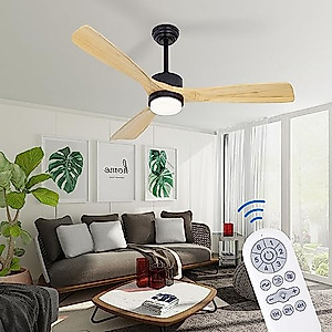 VACILL 52 inch Wood Ceiling Fans with Lights and Remote 120V,DC Motor,Indoor Outdoor Noiseless Reversible Ceiling Fan,6 Speed Levels,LED Dimmable,Color Natural