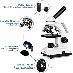 40X-1000X Microscopes for Students Kids Adults, Cordless Biological Compound Monocular Microscopes with Microscope Slides Set, Phone Adapter, Dual LED Illumination Power Optical Glass Lenses