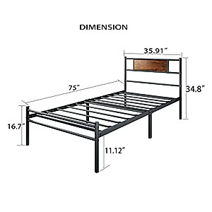 USHOW Modern Black Metal Bed Frame Twin Size with Headboard and Footboard Sturdy Metal Frame Premium Steel Slat Support Easy Assembly （Twin,Black）