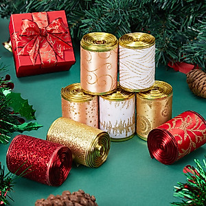 8 Rolls Wired Ribbon for Christmas Tree - 2.5 Inch x 40 Yards Assorted Elegant Organza Glitter Christmas Ribbon for Crafts, Wreath, Home Decoration (Red & White)