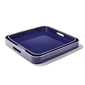 Trina Turk Set of 2 Navy Square Melamine Serving Tray with Silver Rim and Handles- Indoor & Outdoor Platter for Home Entertaining, Cocktail Hour, Snacks, Barware, Perfume (Large 14x14, Small 13x13)