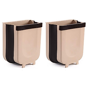 VidiGi -2 Pack Brown Hanging Trash Can | Small Waste Basket Garbage Bin 2.4 Gallon | Collapsible Mini Garbage Bin Bedroom Bathroom | Wall Mounted Folding Waste Bin Kitchen Cabinet Door Hanging