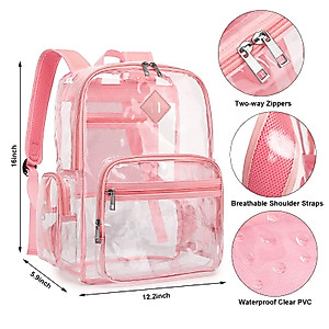 Fuyicat Heavy Duty Clear Backpack for Girls Boys Women Men, PVC Transparent School Backpacks See Through College Bookbag (Pink)