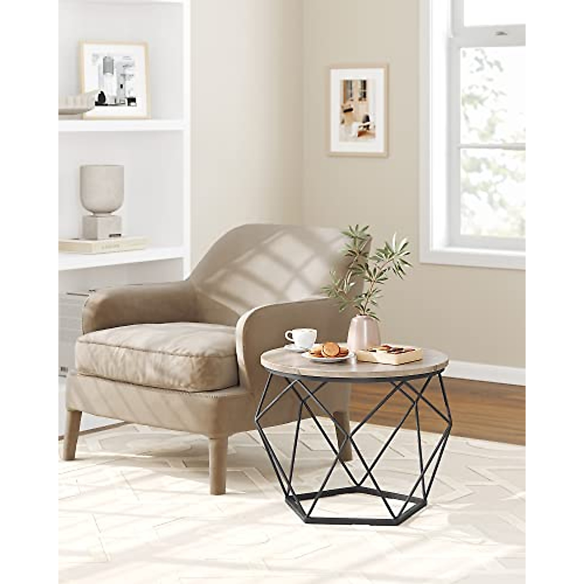 VASAGLE Small Coffee Table Set of 2, Round Coffee Table with Steel Frame, Side End Table for Living Room, Bedroom, Office, Greige and Black