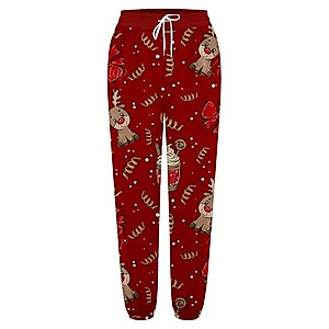 Straight Leg Sweatpants,Merry Christmas Print Womens Sweatpants with Pockets Reindeer Print Drawstring Workout Active Joggers Christmas Print Plus Size Trouser Pants Red XL