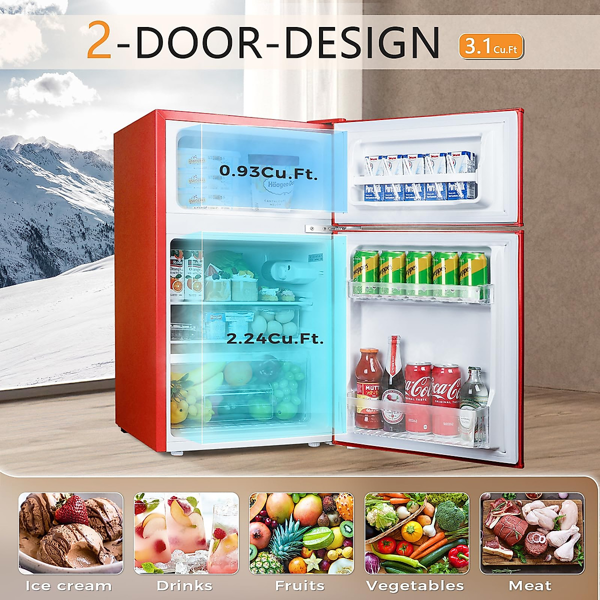 Antarctic Star Mini Fridge Compact Refrigerator 3.2Cu.Ft. AC Only 15 Amp 115 Volt 60 Hz AC Low Noise Large capacity Storage of Beverages Vegetables and Fruits (Red)