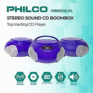 Philco Portable CD Player Boombox with Speakers and AM FM Radio | Purple Boom Box CD Player Compatible with CD-R/CD-RW and Audio CD | 3.5mm Aux Input | Stereo Sound | LED Display | AC/Battery Powered