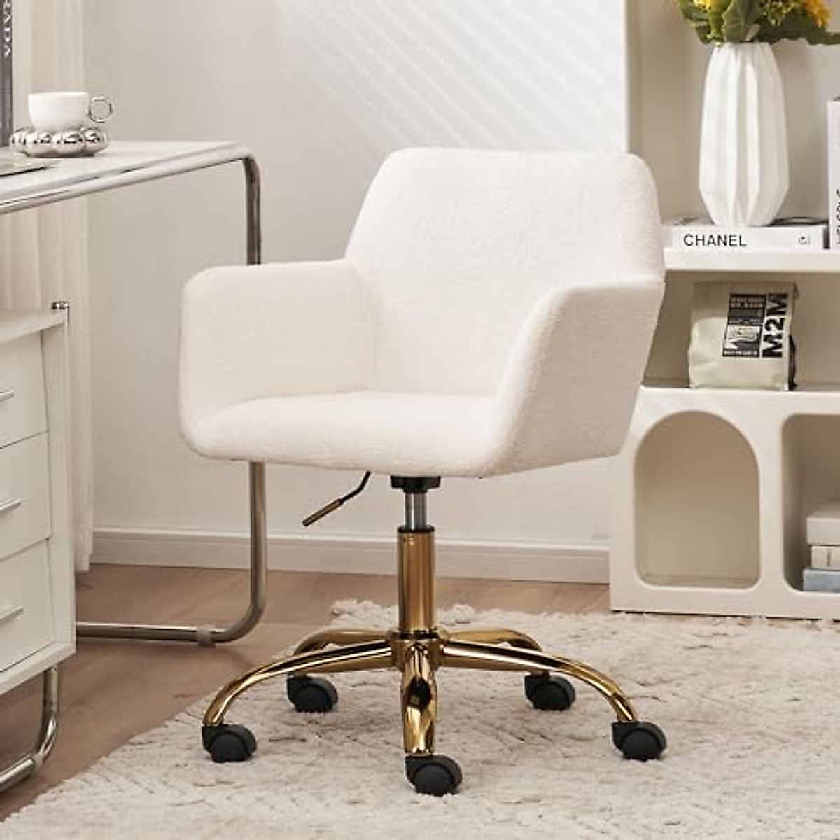 SSLine Faux Fur Vanity Chair Elegant White Furry Makeup Desk Chairs for Girls Women Modern Comfy Fluffy Arm Chair Stool with Wheels in Bedroom Living Room (G Type-White&Gold)