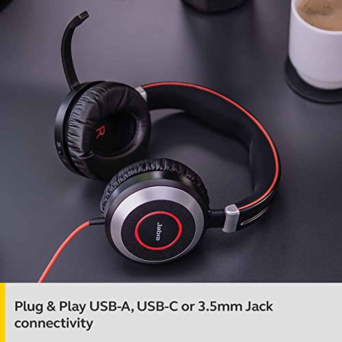 Jabra Evolve 80 UC Wired Stereo Over-Ear Headset – Unified Communications Optimised Headphones with Active Noise Cancellation – USB-C Cable and 3.5 mm Jack Connections – Black