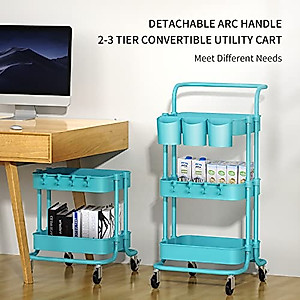 alvorog 3-Tier Rolling Utility Cart Storage Shelves Multifunction Storage Trolley Service Cart with Mesh Basket Handles and Wheels Easy Assembly for Bathroom, Kitchen, Office (Blue)