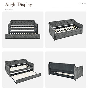 Antetek Daybed with Trundle, Fabric Upholstered Twin Size Day Bed Pull-Point Sofa Daybed Frame w/Twin Roll-Out Trundle, No Box Spring Needed, Furniture for Bedroom, Living Room, Guest Room, Grey