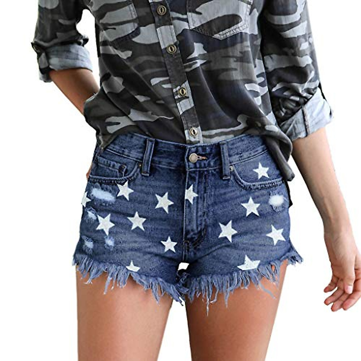 New Slim Tassel Shorts,THENLIAN Women Sexy Star Print High Waist Jeans Button Pocket Pants(S, Dark Blue)