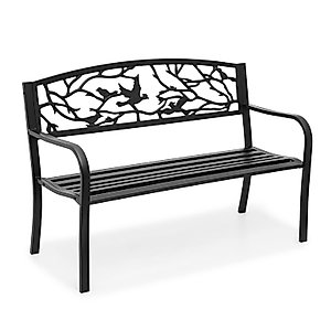 Magshion Patio Benches for Outdoors, 50" Patio Seating Balck Backrest Armrests Sturdy Steel Frame Birds and Branches Style Bench with Straight Legs for Yard Porch Work Entryway, 800lbs