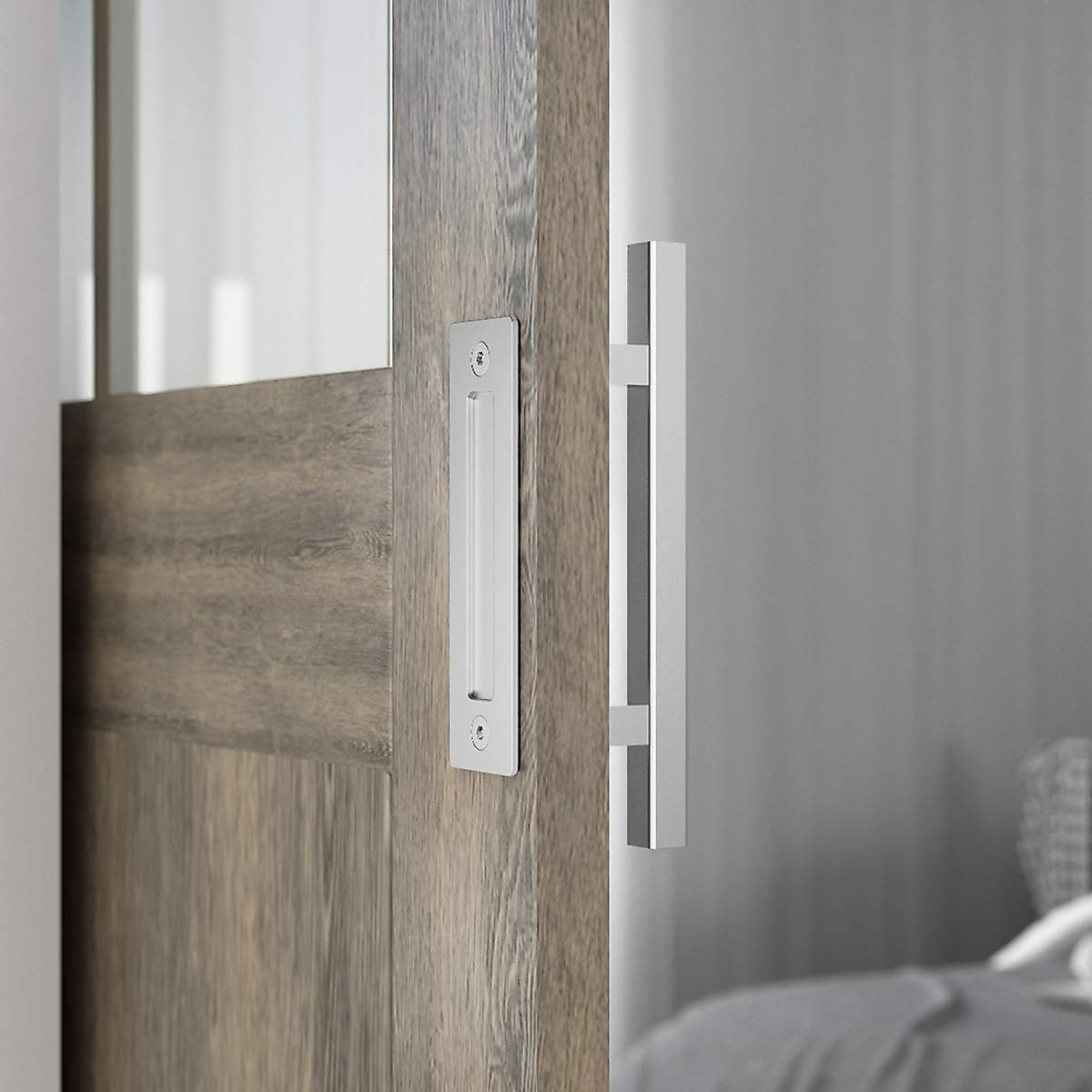 SMARTSTANDARD 10" Heavy Duty Sliding Barn Door Handle, Pull and Flush Set for Gate Kitchen Furniture Cabinet Closet Drawer, Stainless Steel, Square