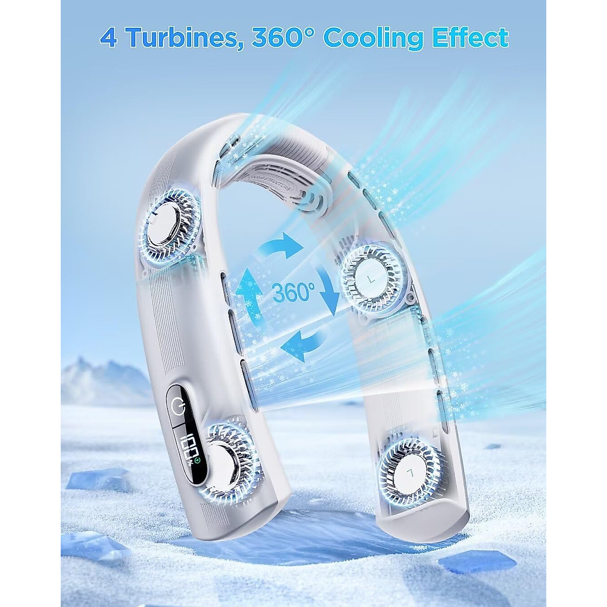 JMOSTRG Portable Neck Fan - 4 Turbines Neck Fan Rechargeable 7000mAh, Cooling Neck Fan with Necksupport, Bladeless Personal Fan with LED Display, Quiet 360° Airflow for Hot Flashes, Travel