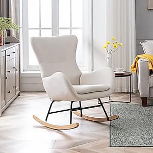 chairus Modern Rocking Chair Wingback Living Room Accent Chair Linen Rocker Armchair for Adults Comfy Upholstered Single Sofa Chair for Bedroom Playroom Nursery, Cream