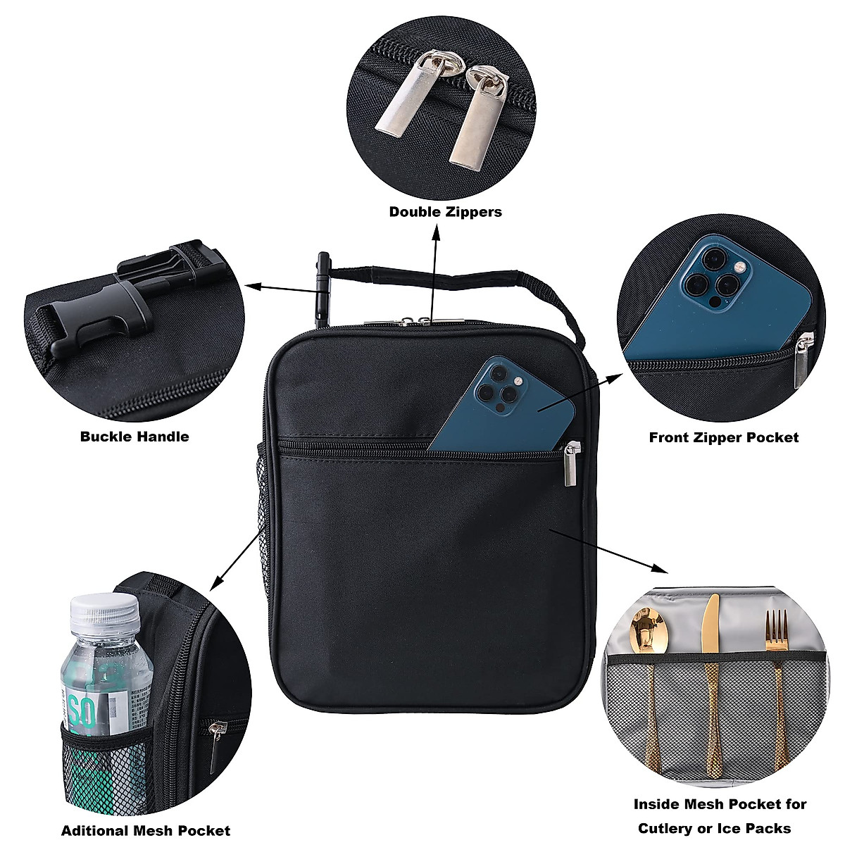 Lunch Bag For Women & Men, Reusable Insulated Cooler Lunch Bag,Durable Spacious And Easy To Clean Lunch Bag,Leakproof Portable Lunch Box With Pocket And Clip On Handle,For Office Work School (Black)