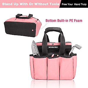 WORKPRO Garden Bag, Garden Tool Tote Storage Bag with 8 Pockets, Home Organizer for Outdoor Gardening Caddy, Garden Tool Kit Holder (Tools NOT Included), Great Garden Gifts- Pink Ribbon