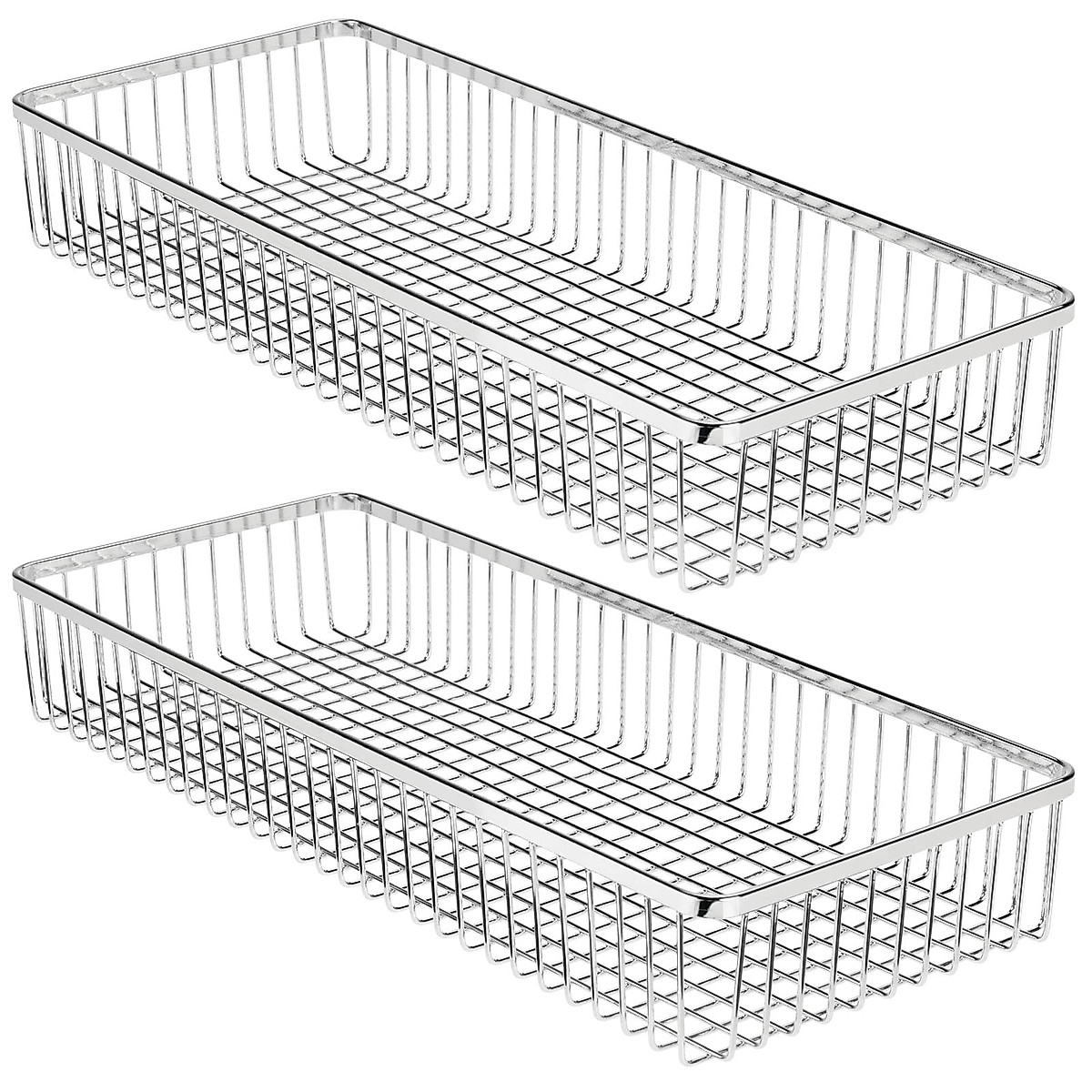 mDesign Metal Farmhouse Kitchen Cabinet Drawer Organizer Basket Tray, Shallow Storage Bin for Cutlery, Serving Spoons, Cooking Utensils, Appliances, Gadgets, Unity Collection, 15" Long, 2 Pack, Chrome