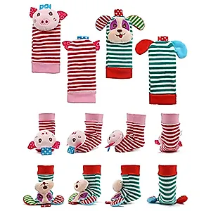 Soft Baby Rattle Toys, Wrist Rattle Foot Sock Rattles, Hand Arm Leg Ankle Handheld Rattles for Infants, Sensory Plush Animal Toys for Newborn Baby Girls and Boys (A8)