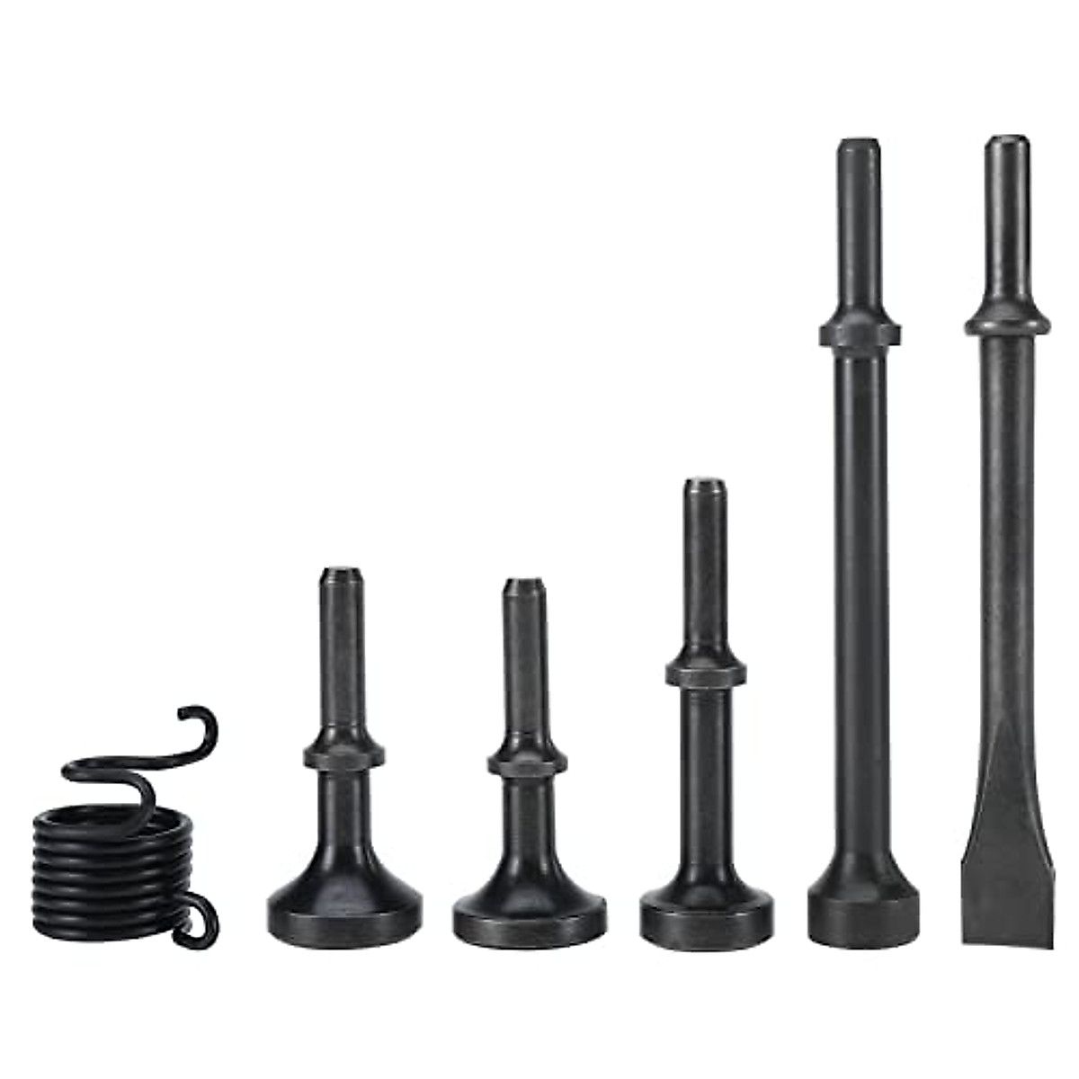 YaeKoo 6Pcs Smoothing Air Hammer Tool Kit 0.4'' (10mm) Shank Extended Length Air Hammer Bits Accessories with One Pneumatic Chisel One Spring for Forming Metal Plates, Rivets, Tire Repair