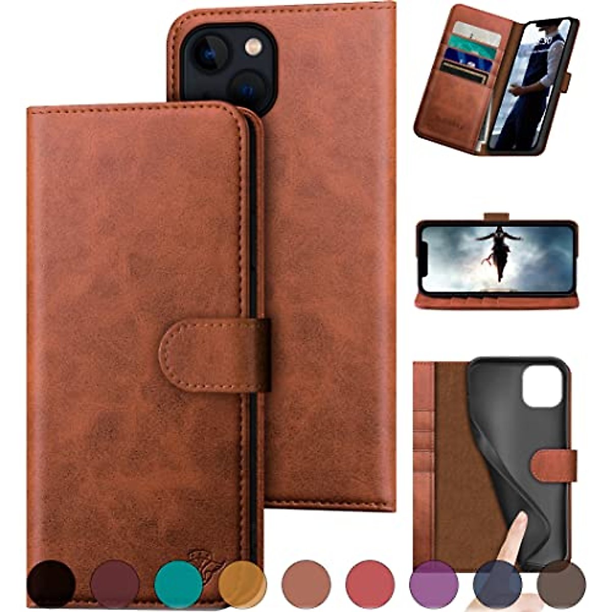 DuckSky for iPhone 13 6.1" Genuine Leather Wallet case 【RFID Blocking】【4 Credit Card Holder】【Real Leather】 Flip Folio Book Phone case Protective Cover Women Men for Apple 13 case Light Brown