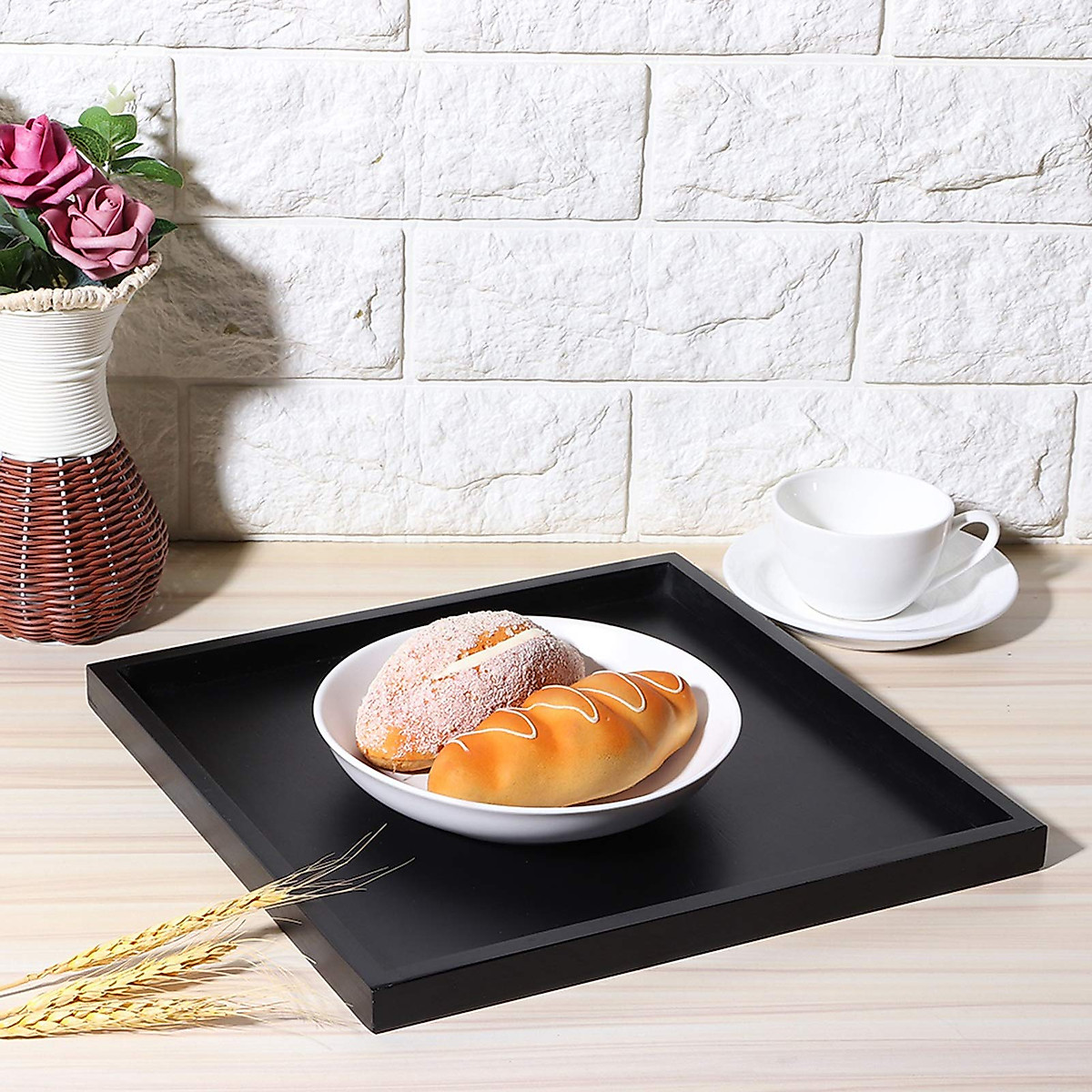 Black Serving Tray, 30cm/11.8in Square Food Serving Tray Kitchen Serving Tray, Stackable Serving Tray for Breakfast, Coffee, Party or Display Use