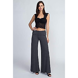 YELETE Women's Fashion Colorful Printed High Waist Fold Over Wide Leg Palazzo Pants (Medium, Heather Charcoal)