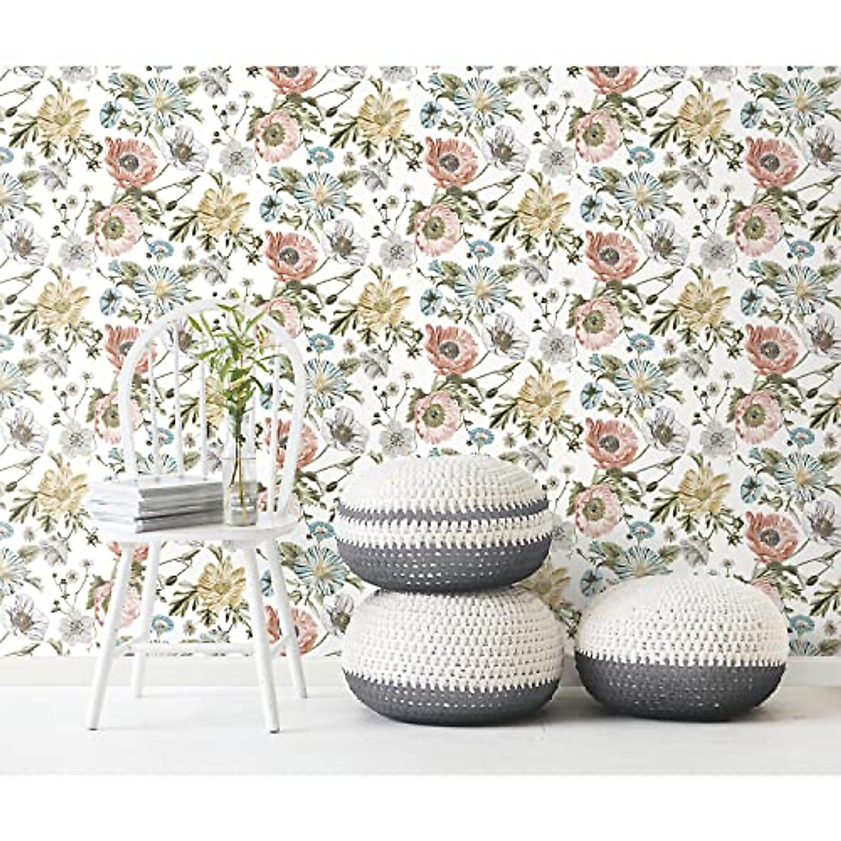 RoomMates RMK12281PL Vintage Poppy Peel and Stick Wallpaper, 20.5 inches Wide x 18 feet, Pink/Green, 30 Sq Ft