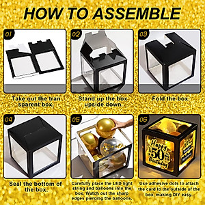 Turypaty 29Pcs 50th Birthday Balloon Boxes Decorations for Men Women, Black Gold 50th Birthday Transparent Balloon Boxes Party Supplies Decorations with LED Light and Stickers