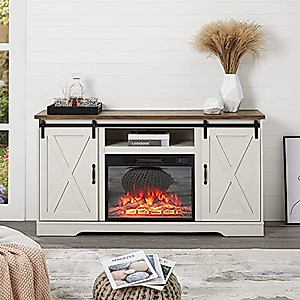 Amerlife Fireplace TV Stand Sliding Barn Door Wood Entertainment Center with a 23'' Electric Fireplace Insert, Modern Farmhouse Storage Cabinet Console for TVs Up to 65", Distressed White & Barnwood