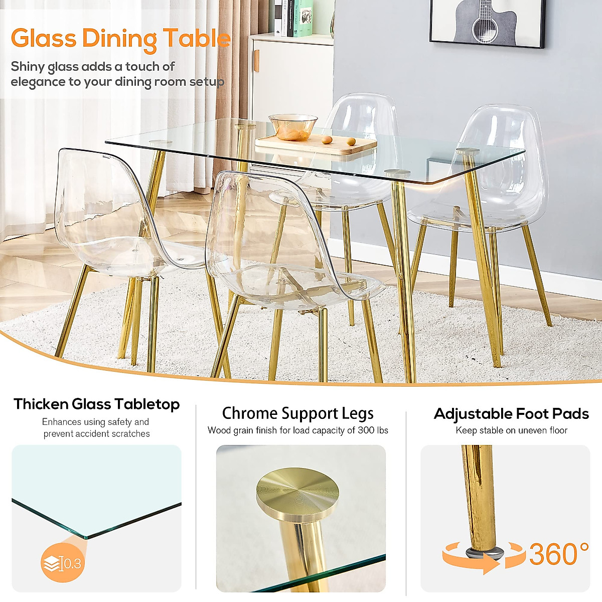Ufurpie 5 Piece Glass Dining Table Set,51" Kitchen Table and Chairs for 4,Clear Dining Room Table Sets w/Gold Chrome Legs,Modern Dining Room Sets for Home, Kitchen, Dining Room(Gold)